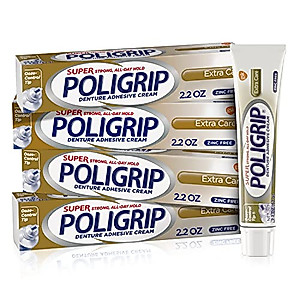 Super Poligrip Extra Care Denture Adhesive Cream, Zinc Free Denture Cream - 2.2 Ounces (Pack of 4)