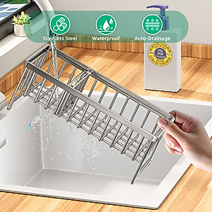 PETXPERT Kitchen Sink Caddy, Sponge Holder for Kitchen Sink, Dish Sponge Organizer with Divider, Rustproof 304 Stainless Steel Dish Brush Holder Storage for Bathroom, Silver