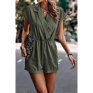 PRETTYGARDEN Women's Romper Dressy Casual Summer Wrap V Neck Short Sleeve Wide Leg Shorts One Piece Jumpsuits (Army Green,Small)