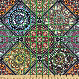 Ambesonne Mandala Fabric by The Yard, Checkered Rectangles Pattern Various Oriental Inspired Motifs Culture, Decorative Fabric for Upholstery and Home Accents, 1 Yard, Beige