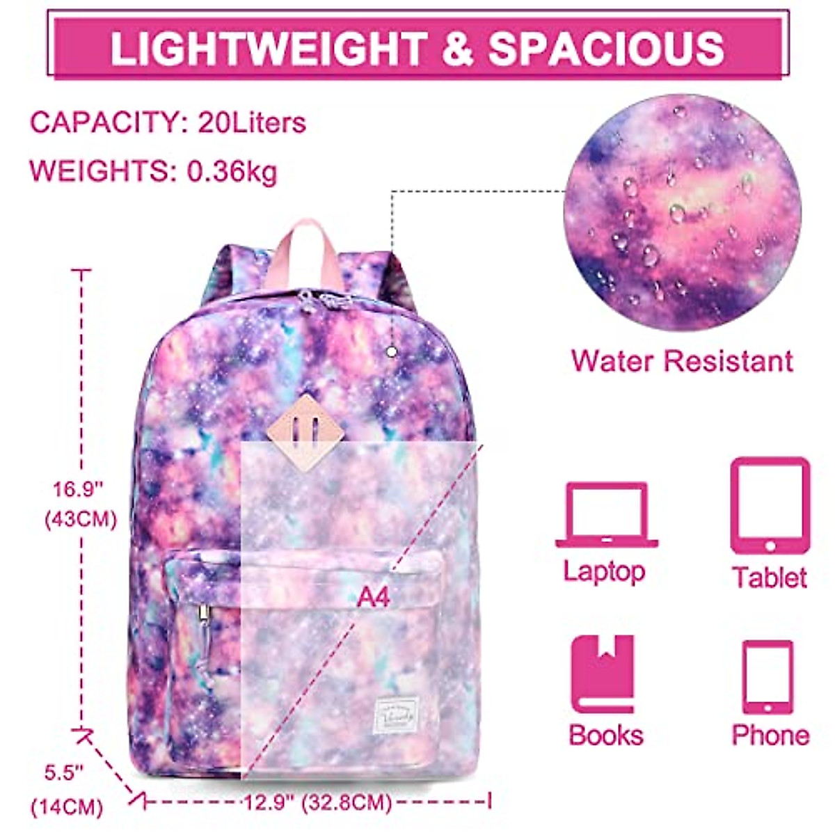 VASCHY Backpack for School, Lightweight Water Resistant Bookbag Casual Daypack for Middle School Teen Girls Pink Galaxy