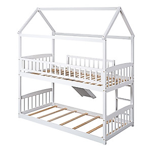 Harper & Bright Designs House Bunk Bed for Kids Toddlers, Twin Over Twin Bunk Beds with Slide, Playhouse Farmhouse Roof Guardrail Ladder, for Girls & Boys (Bunk Bed, White)