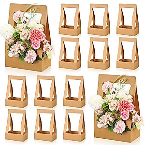 Sabary 12 Pcs Craft Paper Gift Bags Flower Box with Handle Valentine's Day for Arrangements Flower Bouquet Packaging Floral Basket Supplies Graduation Wedding Christmas Mother's Father's Day