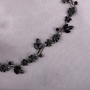 QLLYHLH Brides Bridesmaid Flower Leaf Choker Necklace Dangle Earrings Link Bracelet Austrian Crystal Wedding Jewelry Set for Prom Costume Party Accessories for Woman(Black-Gun plated)