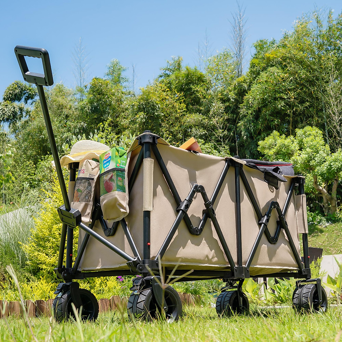 Devoko Collapsible Folding Wagon, 200L Outdoor Heavy Duty Beach Garden Wagon Cart with Big Wheels for Sand, Grocery Cart on Wheels, Beige