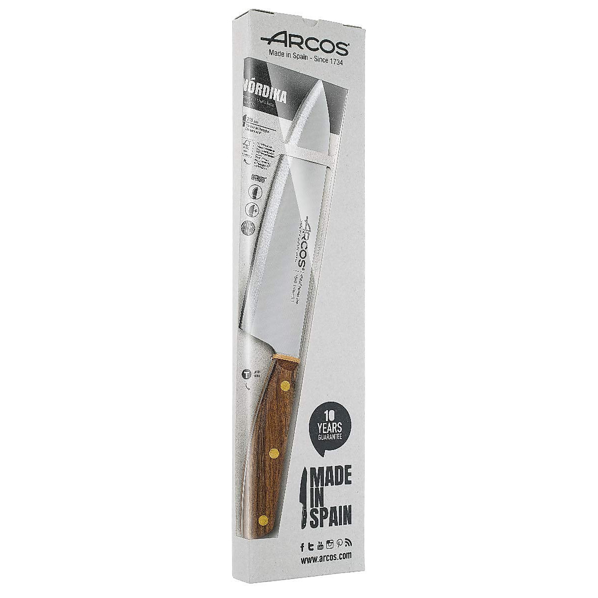 ARCOS Chef Knife 8 Inch Stainless Steel. Professional Kitchen Knife for Cooking. Ovengkol Wood Handle 100% natural FSC and 210 mm Blade. Series Nordika. Color Brown.