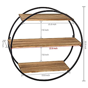 Modern Circular Metal Frame & Wood Wall Mounted Floating Shelf / 3-Tier Decorative Display Rack, 22-Inch in Diameter