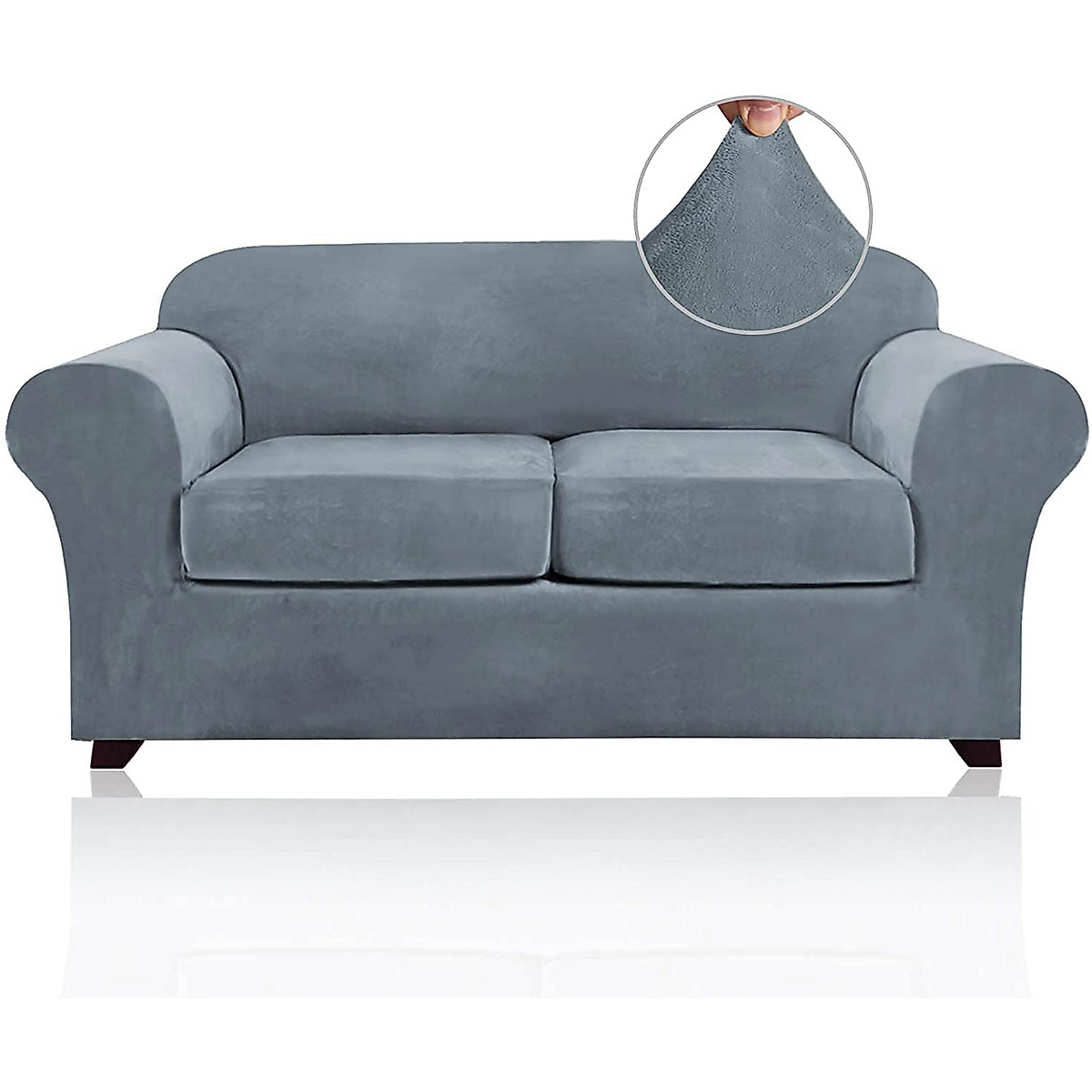 PrinceDeco 3 Pieces Couch Covers Soft Velvet Couch Covers for 2 Cushion Sofa Loveseat Covers Width Up to 72 Inch Anti Slip Love Seat Furniture Protector, Machine Washable(Medium, Stone Blue)