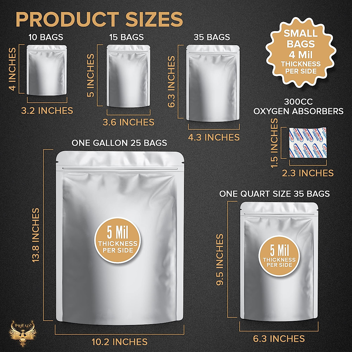 PRILUX Mylar Bags for Food Storage - 120 Stand Up Mylar Bags & Mylar Bags with Oxygen Absorbers - 10 Mil 1 Gallon, Quart & 8 Mil Small, Reusable Heat Sealable Zipper Resealable Airtight Food Storage