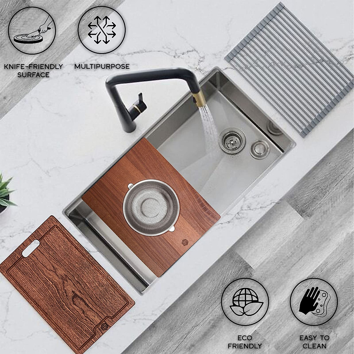 Strictly Sinks Wooden Cutting Board & Strainer Bowl Combo for Kitchen – Over the Sink Cutting Board with Colander, Light Weight & Scratch Resistant Combo ((17-3/8 x 13-3/4 x 7/8))