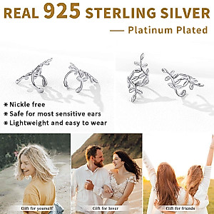 ChicSilver 925 Sterling Silver Minimalist Small Hoop Huggie Earrings Classic Leaf Ear Cuffs for Non Pierced Ears Cartilage Clip On Wrap Earrings Hypoallergenic
