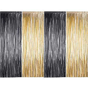 4 Pack Photo Booth Backdrops Foil Curtains Metallic Tinsel Backdrop Curtains Door Fringe Curtains for Wedding Birthday Christmas Halloween Disco Party Favour Decorations (Matt Light Gold and Black)