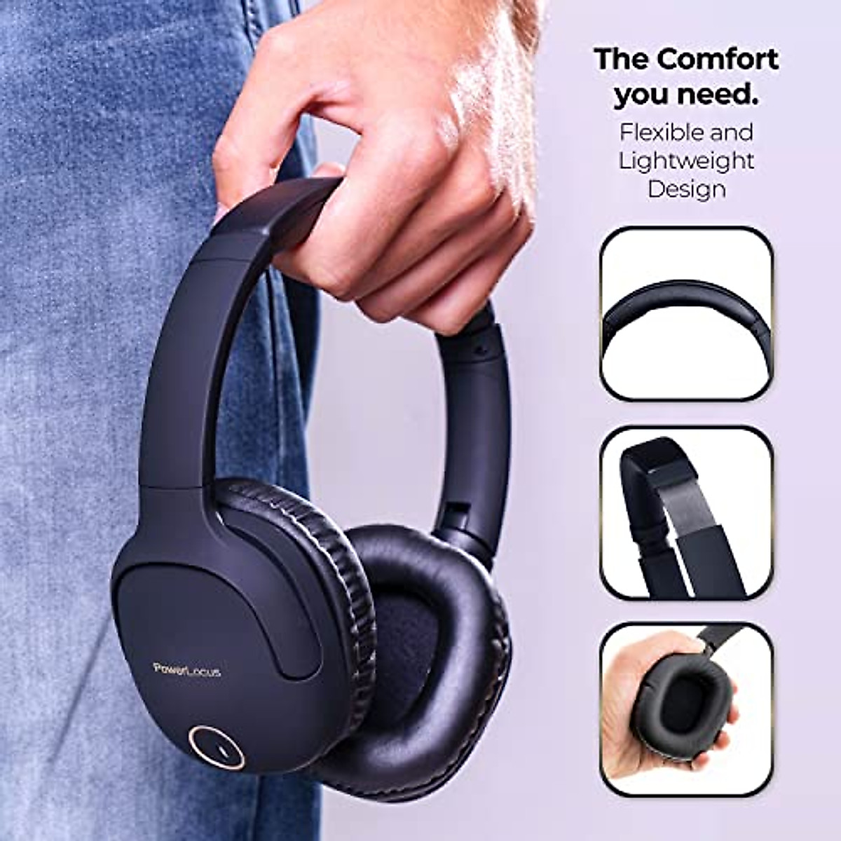 PowerLocus Bluetooth Headphones Over Ear, [Bass-Mode Button] Wireless Headphones, Foldable Hi-Fi Stereo, Soft Memory Foam Earmuffs, Metal Extendable Sides, Headset with Microphone for Phone/PC/TV