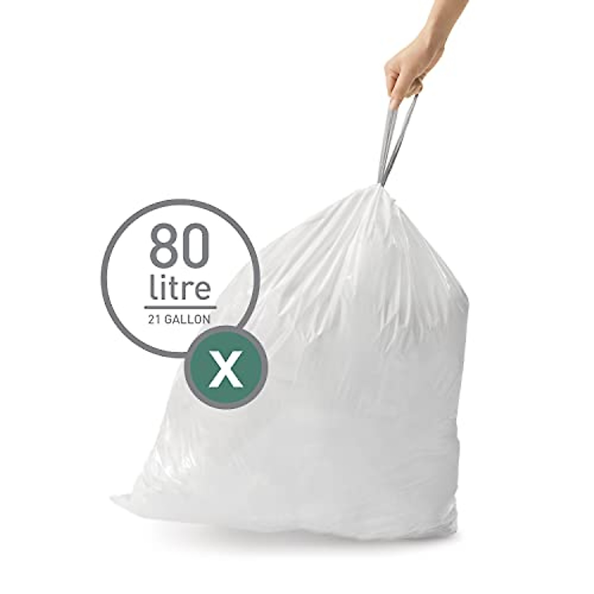 simplehuman Code X Custom Fit Drawstring Trash Bags in Dispenser Packs, 60 Count, 80 Liter / 21.1 Gallon, White