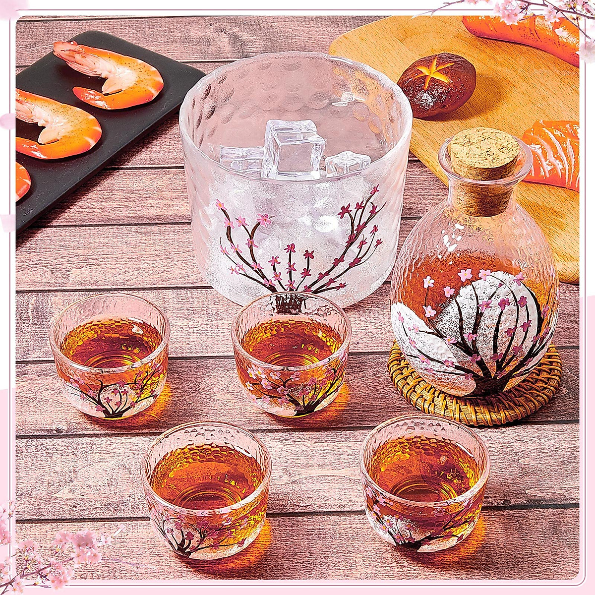 Irenare 6 Pieces Japanese Sake Set Saki Cup Set Pink Cherry Blossoms Sake Bottle Cup Set for 4, Including 1 Sake Bottle 1 Sake Tank and 4 Sake Cups for Cold Hot Warm Sake Carafe, Japanese Gifts Set