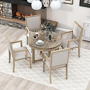 POCIYIHOME 5-Piece Kitchen Furniture Set, Two-Size Round to Oval Extendable Butterfly Leaf, 4 Upholstered Dining Arms, Table/Chairs for 4 (Natural Wood Wash)
