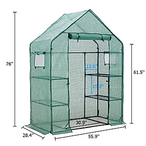 Walk-in Greenhouse 77x56x30 in 2 Windows 3 Tiers 4 Shelves 8 Net Rack Buckles Hot House Roll Up Zipper Door Plant Gardening Portable Green House for Indoor Outdoor Use Extra Anchors & Wind Ropes