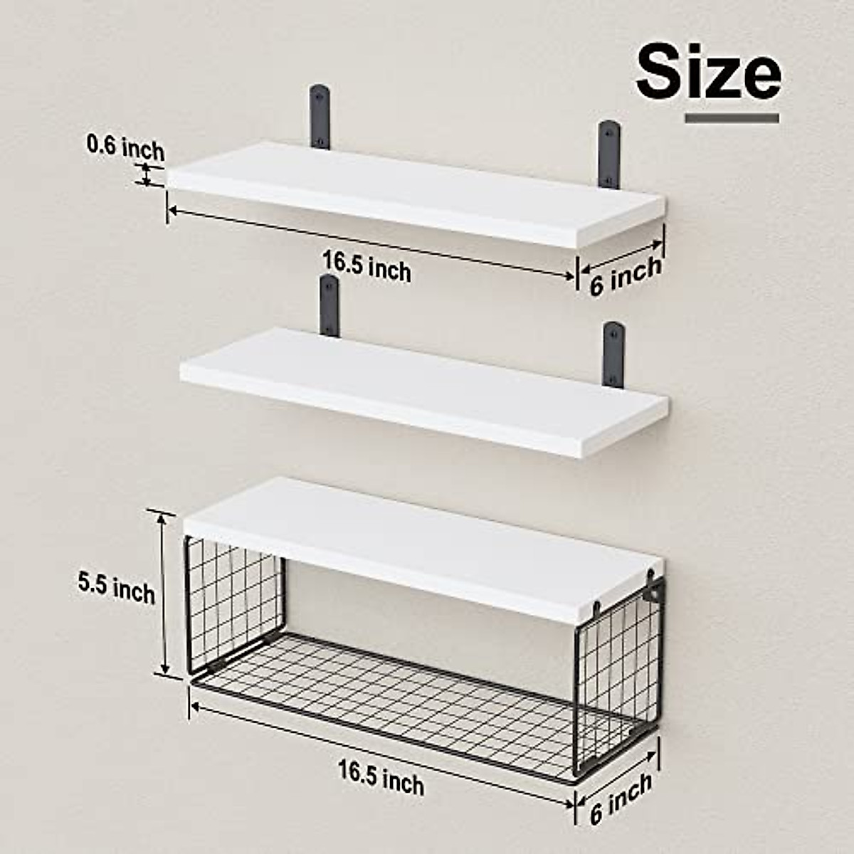 WOPITUES Bathroom Shelves Over Toilet, Floating Wall Mounted with Wire Basket, Wood Floating Shelf for Wall Décor, Bathroom Wall Décor Shelves–White