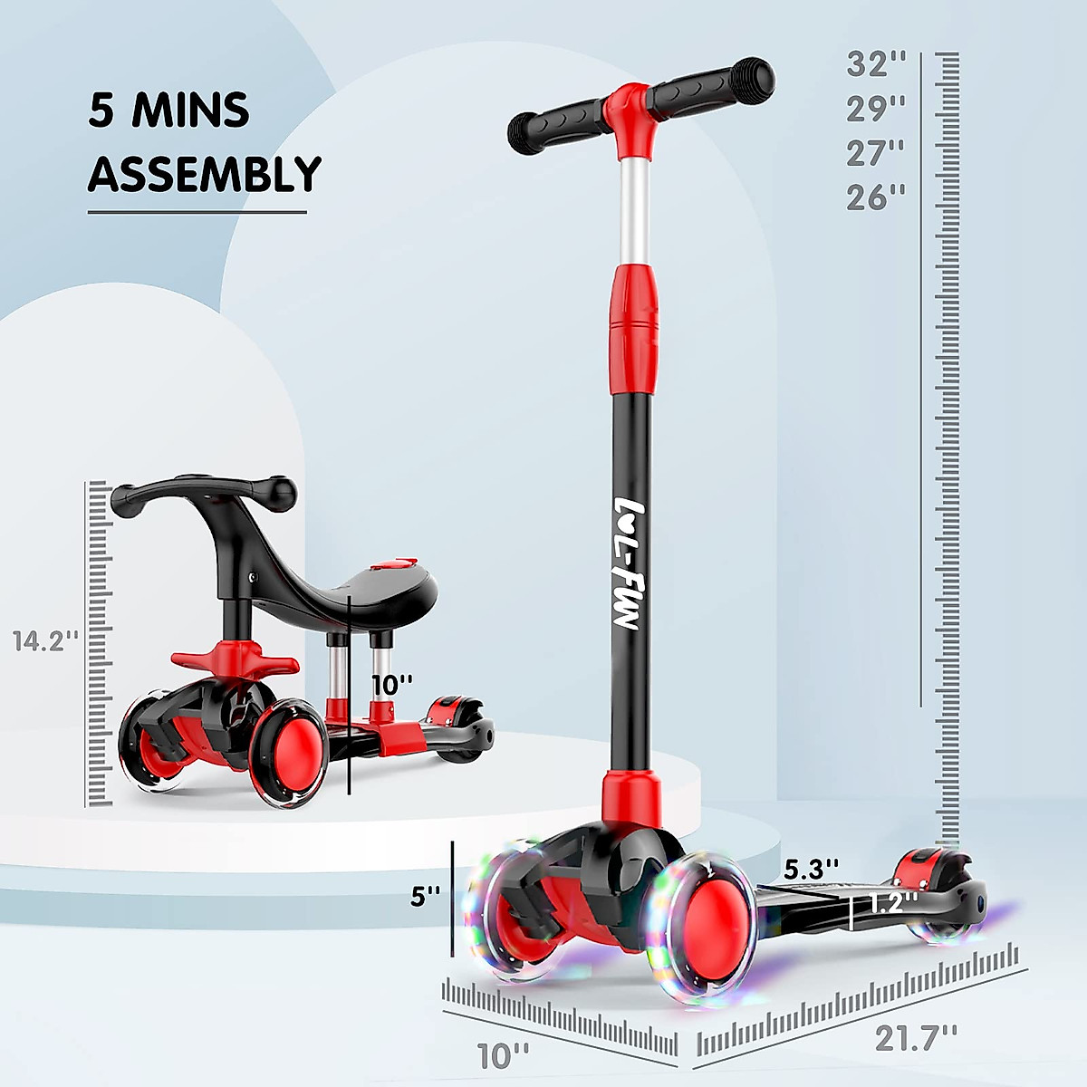 LOL-FUN Scooter for Kids Ages 3-5 Suitable Toy for 2 Year Old Boy Girl Gift with LED Lights, 3 in 1 Toddler Balance Bike & Push Toy, 4 Adjustable Height and Lean-to-Steer