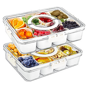 2 Pack Portable Snackle Box Container, Divided Serving Tray with Lid and Handle, Fruits, Clear Snack Platter Organizer and Storage for Adults Child (11.81" L*8.85"W-2pcs-8 Compartments)