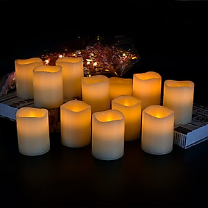 Vickiss Flameless Candles LED Candles Set of 12 (D:3" X H:4") Battery Operated Candles Flickering Bulb Pillar Ivory Real Wax Electric Candles with Remote and Timer for Home Decoration
