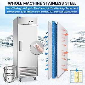 27" W Commercial Freezer, Reach-in 23 Cu.ft Stainless Steel Freezer with Single Solid Door, Upright Fan Cooling Freezer with 4 Adjustable Shelves, for Restaurant, Commercial Kitchen, Home