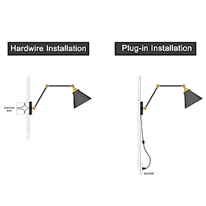 Black Wall Sconces Lighting, Modern Industrial Plug in or Hardwired Adjustable Swing Arm Wall Lamp with Antique Brass Finish for Bedroom, Living Room and Kitchen