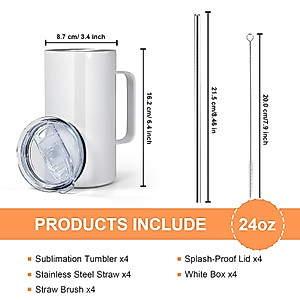 AGH 4 Pack 20 oz Sublimation Tumblers with Handle, Double Wall Stainless Steel Vacuum Insulation Cup with Metal Straw and Splash-Proof Sliding Lid, Travel Coffee Mugs for Hot & Cold Drinks