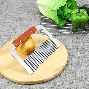 Super Leader Crinkle Cutting Tool French Fry Slicer Stainless Steel Blade Wooden Handle Vegetable Salad Chopping Knife for chopping veggies, cutting fruit, potato, soap, waffle fries, pickle (Arc) (1)