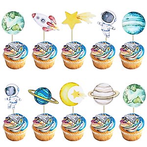Ephlyn 36Pcs Space Astronaut Cupcake Toppers Planet Rocket Spaceship Trip to the Moon Star Cupcake Food Picks Universe Outer Space Theme Baby Shower Kids Birthday Party Supplies Blue