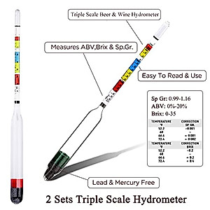 Hydrometer for Home Brew Beer,Triple Scale Hydrometer for Wine Kombucha Making Test Kit Supplies,Specific Gravity,Brix and ABV Beer Hydrometers and Test Jar(2 Sets)