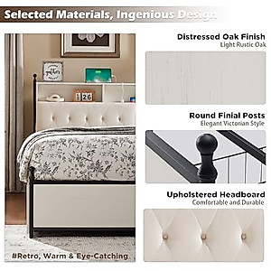T4TREAM King Bed Frame with Storage Upholstered Headboard and 4 Drawers, Farmhouse Metal Platform Bed w/LED Lights & Charging Station, Stable & Easy Assembly, No Box Spring Needed, Antique White