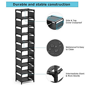 barsone 10 Tier Shoe Rack, Shoe Organizer Storage Shelf Stand Tower Stackable Shoe Rack, Space Saving Shoe Shelves for Closet Entryway Hallway Apartment Garage(Black)