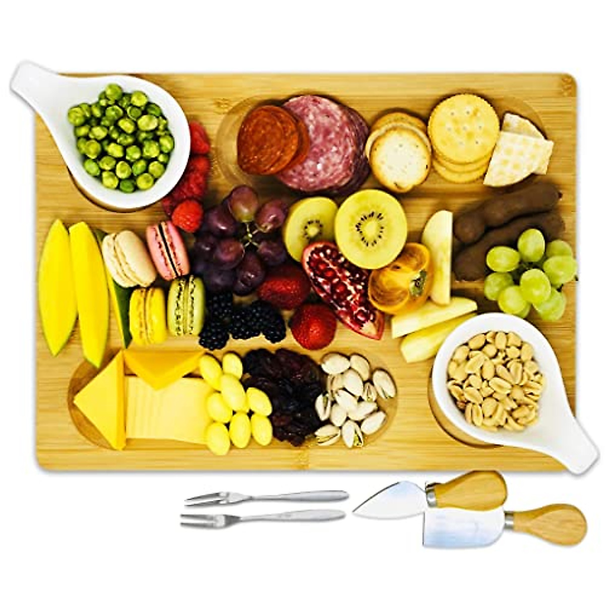 PandPal Bamboo Cheese Board with Knife & Fork Set, Wood Charcuterie Platter & Food Serving Tray for Wine Glasses, Bowls, House Warming Gift, Misoph Collection