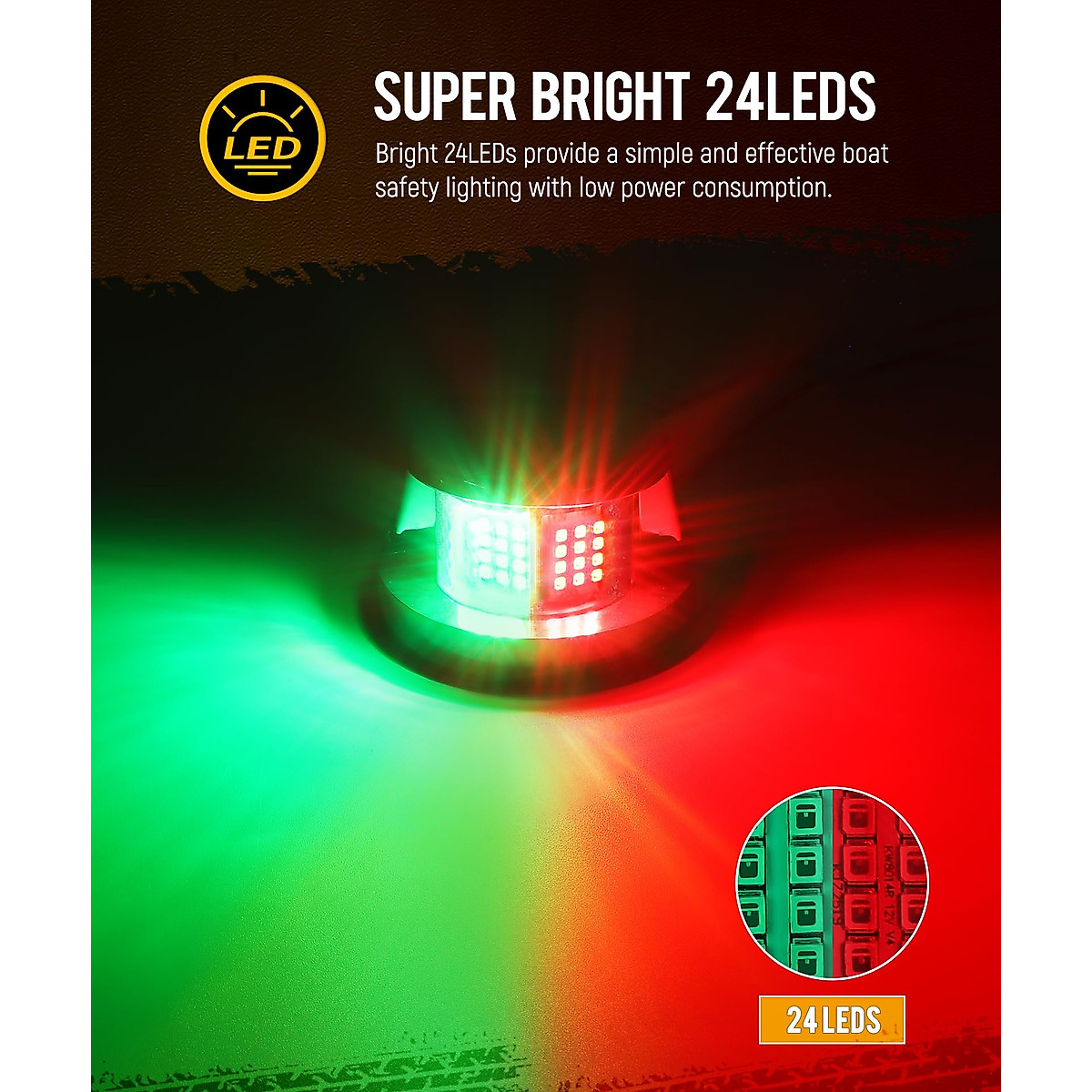 Partsam 1Pcs Marine Boat Bow Lights, 24 LED Red and Green Navigation Light for Vessle Pontoon Yacht Skiff Skeeter