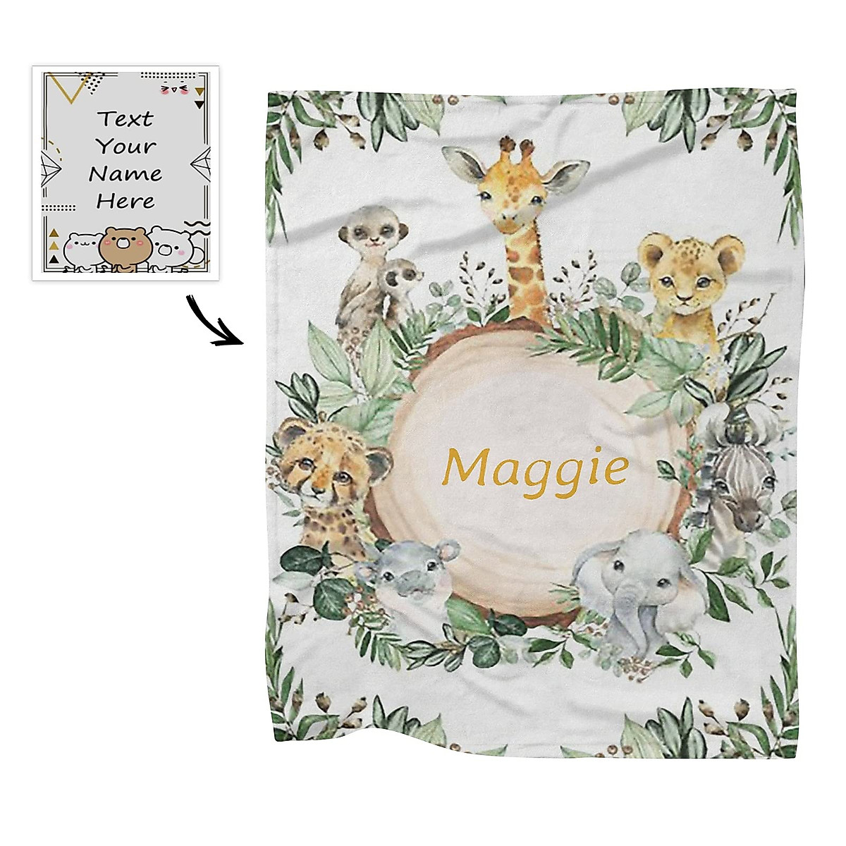 XOZOTY Personalized Tropical Jungle Wild Animals Baby Blanket with Name for Girls Boys Custom Nursery Kids Blankets for Baby Shower Birthday Gifts Customized Soft Fleece Throw Tapestry 30 x 40 inch