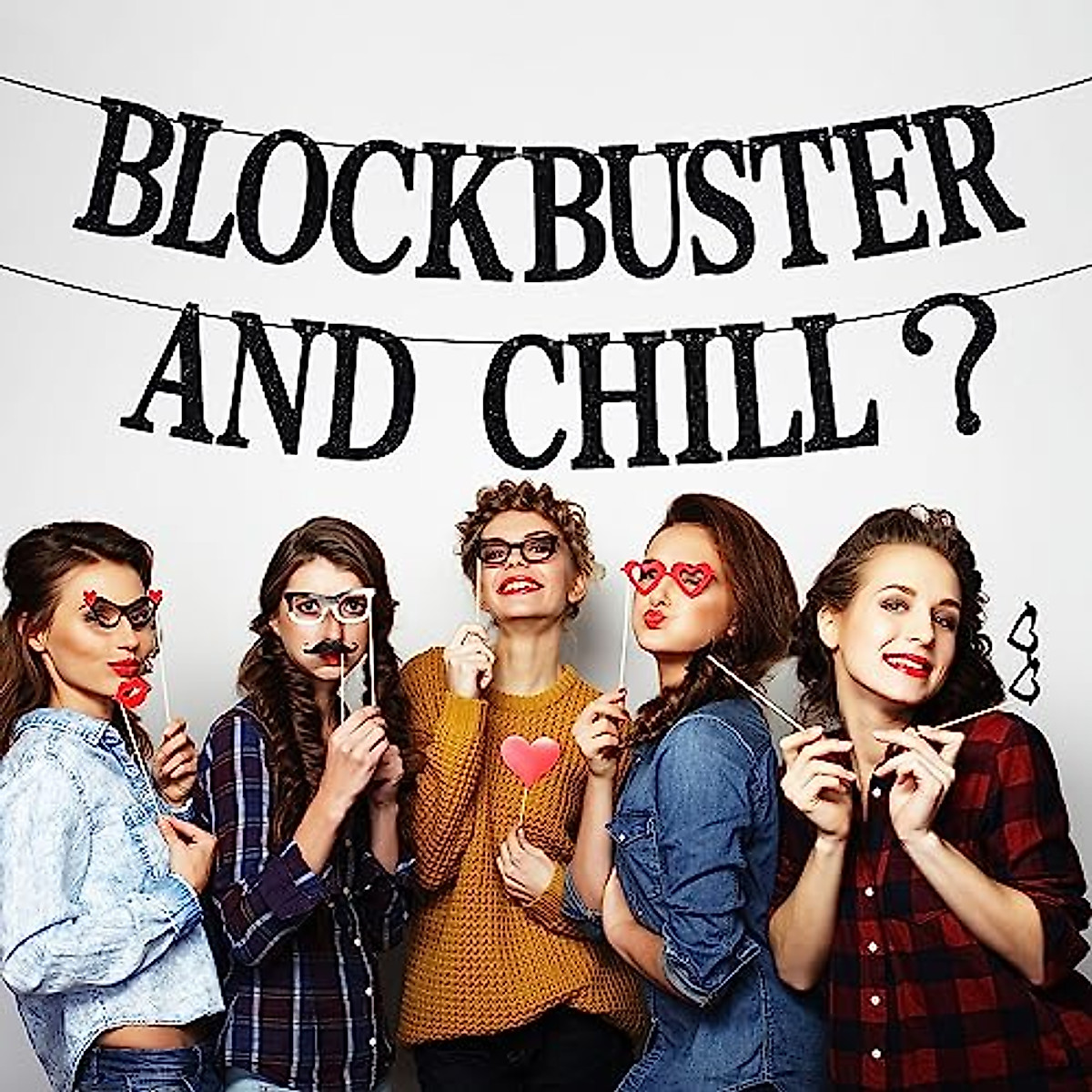 BLOCK BUSTER AND CHILL Banner, Back To 80s 90s, 80‘s 90’s Themed Birthday Party Decorations - Black Glitter