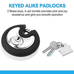 Chumia 10 Pack 70 mm Pad Lock Keyed Alike Padlocks Stainless Steel Discus Lock, 2 Keys Per Lock, Outdoor Round Disc Lock for Storage Unit, Sheds, Garages and Fence, Black Rubber Bumper Sheath