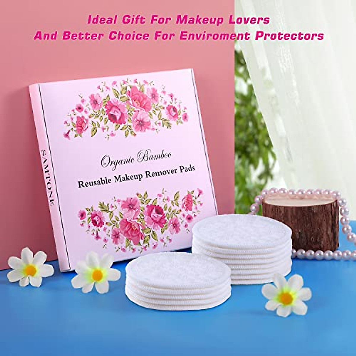 Samtone Reusable Makeup Remover Pads 20 Pack with Laundry Bag and Gift Box – 100% Organic Face Cleansing Reusable Cotton Rounds for Toner, Washable Eco-Friendly Bamboo Cotton Pads for All Skin White