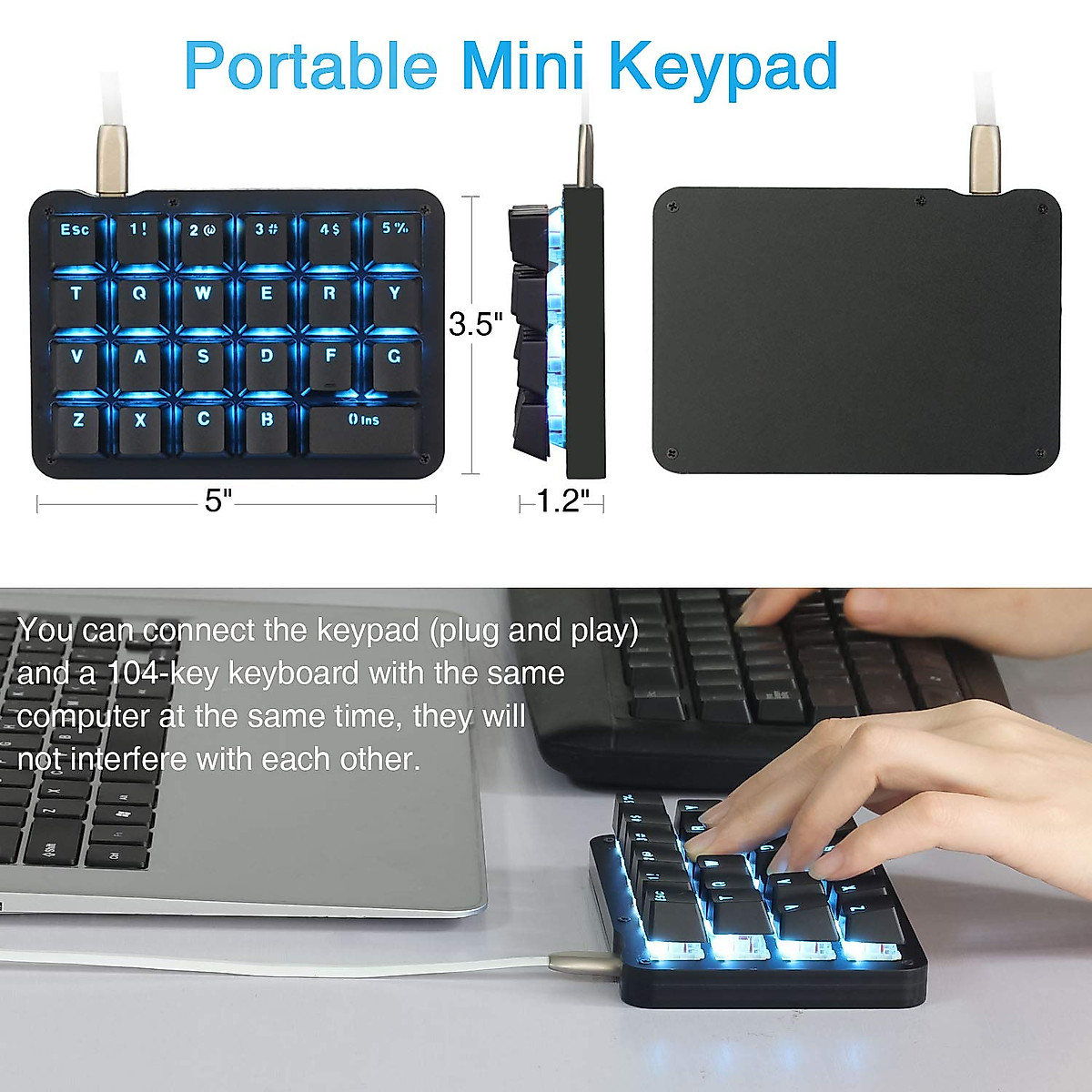 Koolertron One Handed Macro Mechanical Keyboard, Blue LED Backlit Portable Mini One-Handed Mechanical Gaming Keypad 23 Fully Programmable Keys Red Switches (Blue Backlit/Red switches)