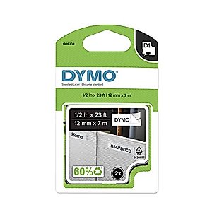 DYMO Standard D1 Self-Adhesive Polyester Tape for Label Makers, 1/2-inch, Black Print on White, 23-Foot Cartridge, 2-Pack (1926208)