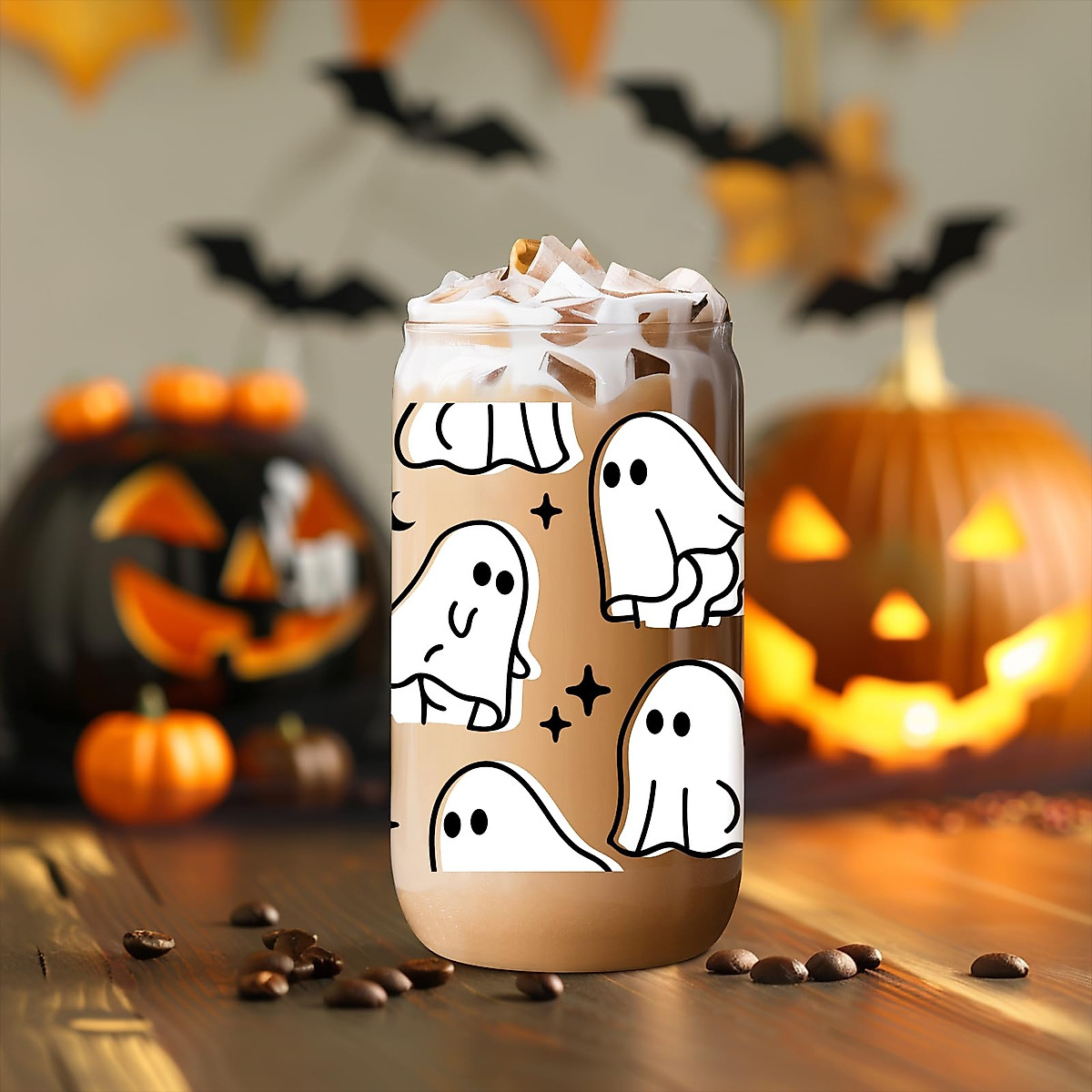 Coolife Funny Halloween Ghost Cup for Women, Cute Spooky Iced Coffee Cup, 16 oz Halloween Tumbler Glass Cups w/Lids Straws, Spooky Gifts for Her Teens, Boo Basket Stuffers, Halloween Gifts for Women