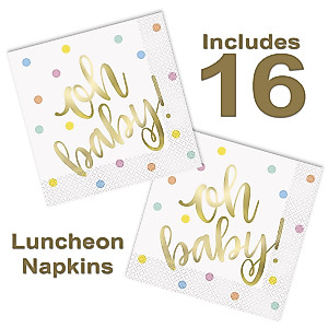 Lobyn Oh Baby Dessert Plates and Napkins - Elegant Gold and White Baby Shower Disposable Set - Cake Plates - 16 Count of 7 Inch Disposable Plates, and 16 Napkins - Baby Shower Plates