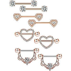 4 Pairs Stainless Steel Nipple Rings Tongue Ring Piercing Body Jewelry Barbell CZ Heart Shape Rings for Women (Rose Gold Bar and White Zirconia)
