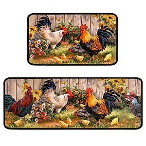 Ghroiep Rooster Rug 2 Piece Set Sunflower Decor Kitchen Floor Mat, Microfiber Washable Runner Farmhouse Chicken Decorations Mats,17"x47"+17"x30"