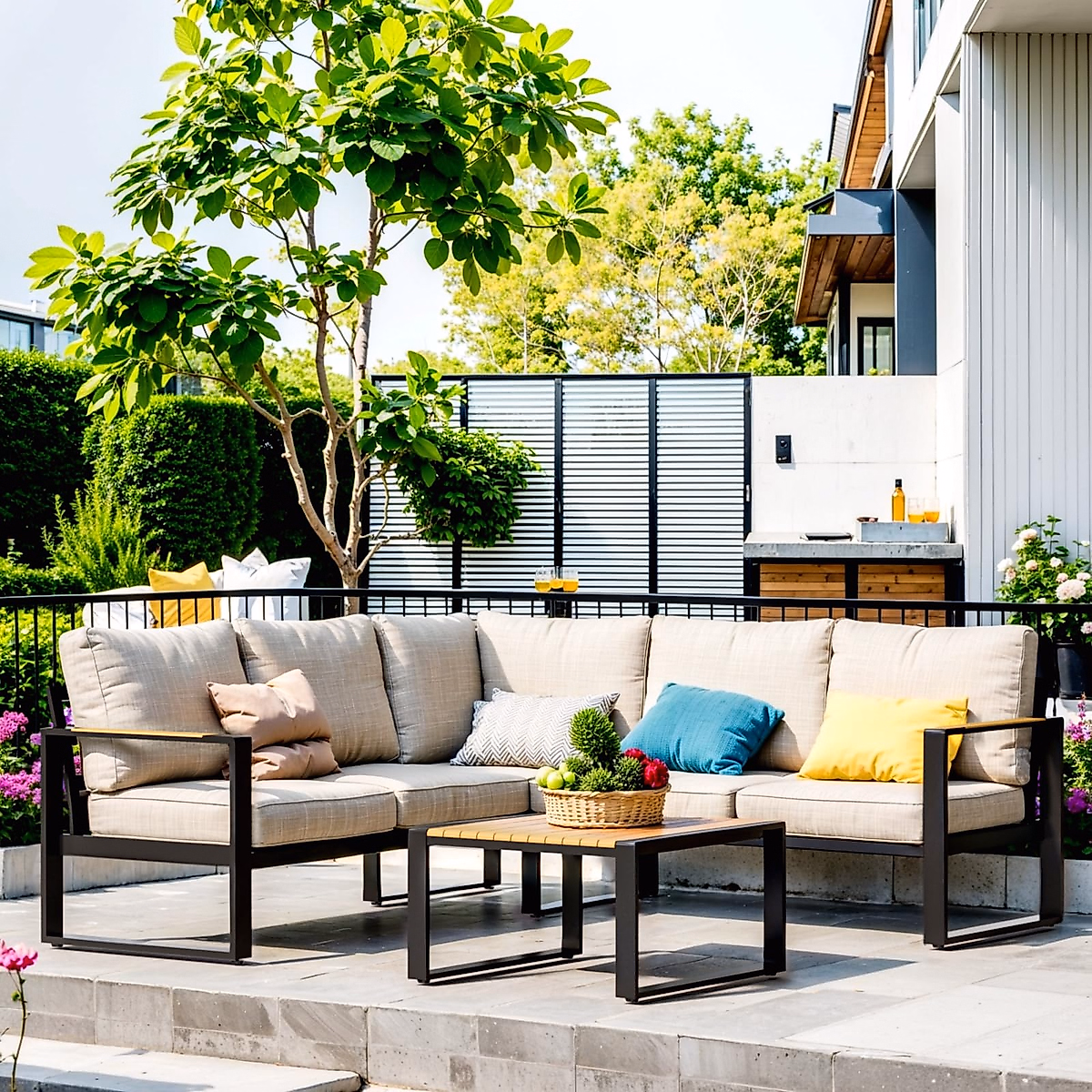 YOEEMZ Aluminum Patio Furniture Set, All-Weather Outdoor Couch Sectional, L Shaped Patio Conversation Sets, Metal Corner Sofa with Teak Tabletop Coffee Table, Beige