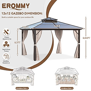EROMMY 12' x 12' Gazebo Polycarbonate Double Roof Canopy Outdoor Aluminum Frame Pergola, Permanent Pavilion with Netting and Curtains for Garden Patio Lawns Parties