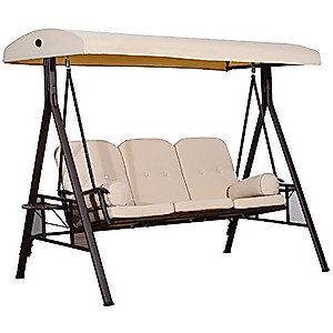 Outsunny 3-Seat Patio Swing Chair, Outdoor Porch Swing Glider with Adjustable Canopy, Removable Cushion, Pillows and Side Trays, for Garden, Poolside, Backyard, Beige