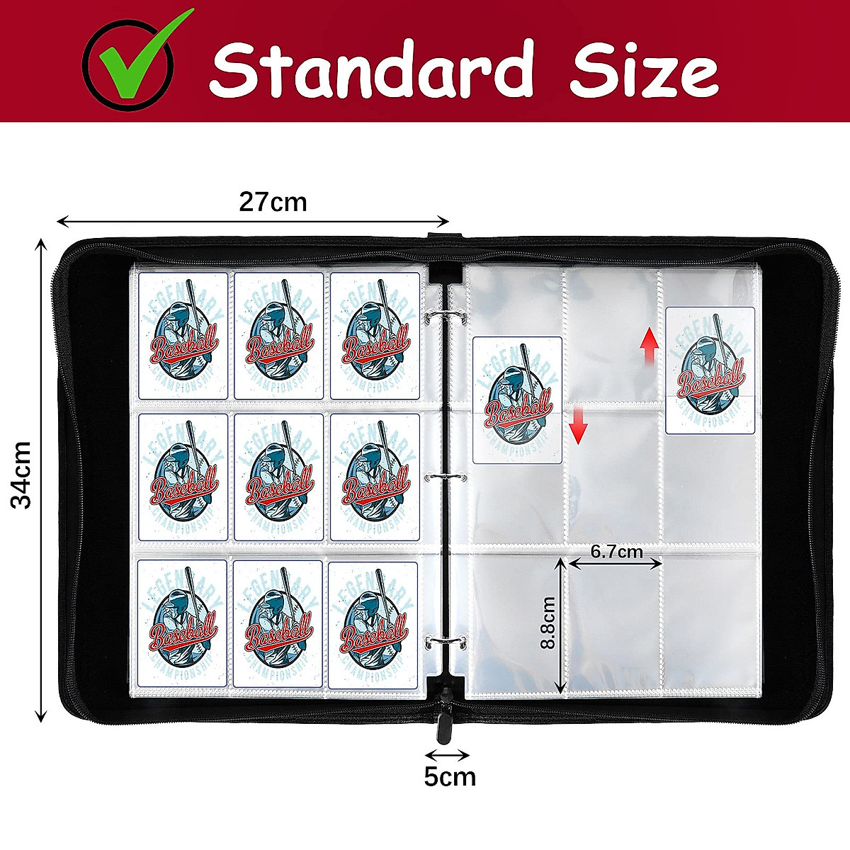 720 Pockets Baseball Card Binder PU Leather Baseball Card Holder Trading Card Binder White Card Binder with Zipper 3 D-Ring Card Album with 80 Sleeves for Football Baseball Card Collocation Storage