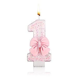 Pink Number Candles, Pink Bowknot Number Candles Glittering Birthday Number Candle for Cake Birthday Party Wedding Anniversary (Number 1)